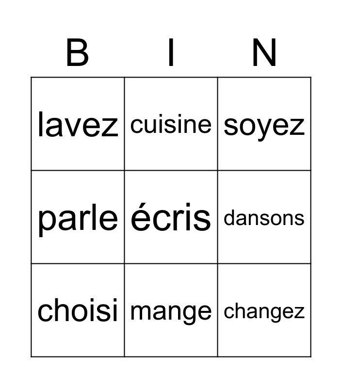 L'imperatif Bingo Card