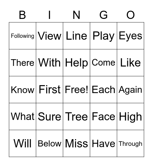Sight Word Bingo Card