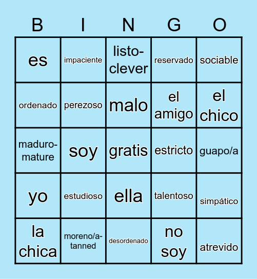 Adjectives-Autentico/realidades 1 1B Bingo Card