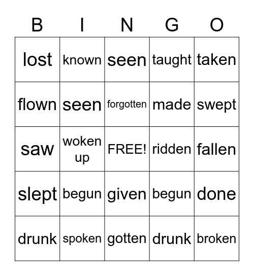 IRREGULAR VERBS (PAST SIMPLE & PAST PARTICIPLE) Bingo Card