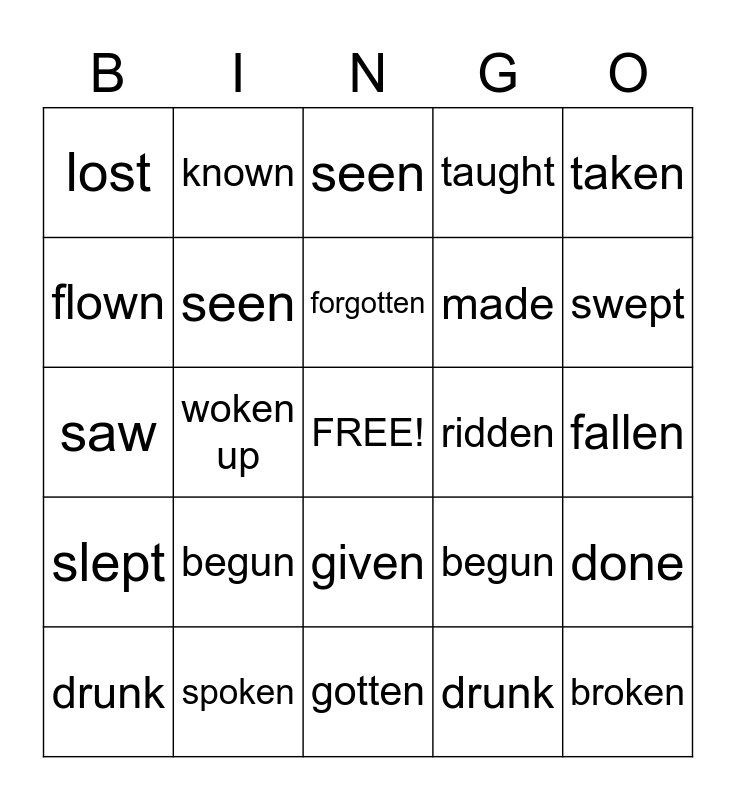 IRREGULAR VERBS (PAST SIMPLE & PAST PARTICIPLE) Bingo Card