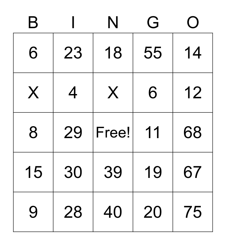 Number Bingo 1-20 Bingo Card
