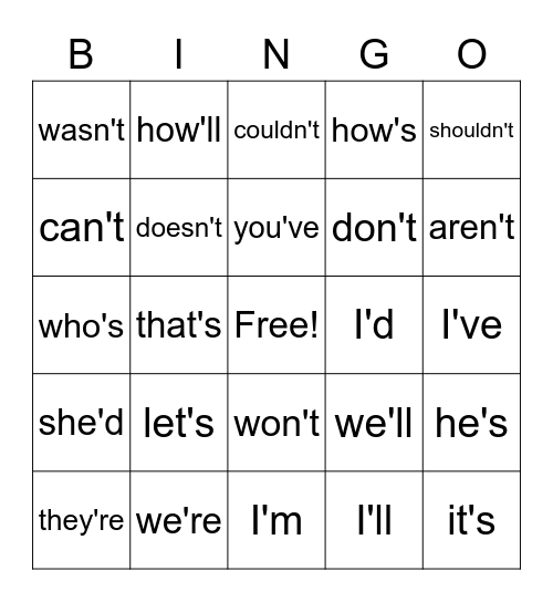Contraction Words Bingo Card
