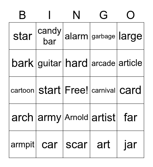 initial, medial, and final /ar/ Bingo Card