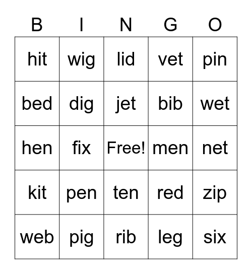 short e and short i Bingo Card