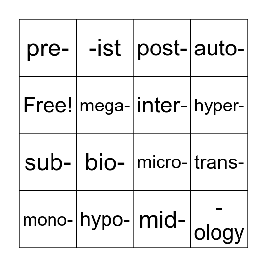 Prefix/Suffix Bingo Card