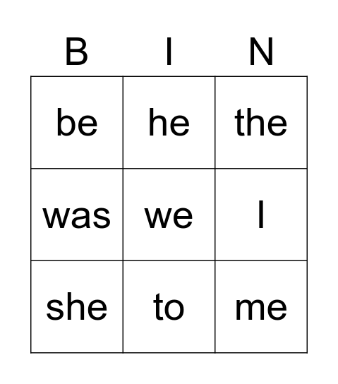 Tricky Word Bingo Card