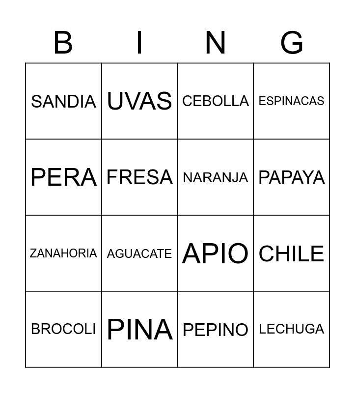Frutas y Verduras Bingo Card