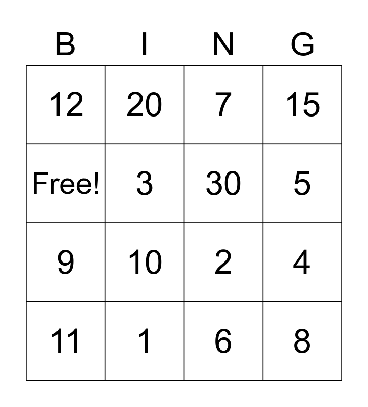 ISL Numbers Bingo Card