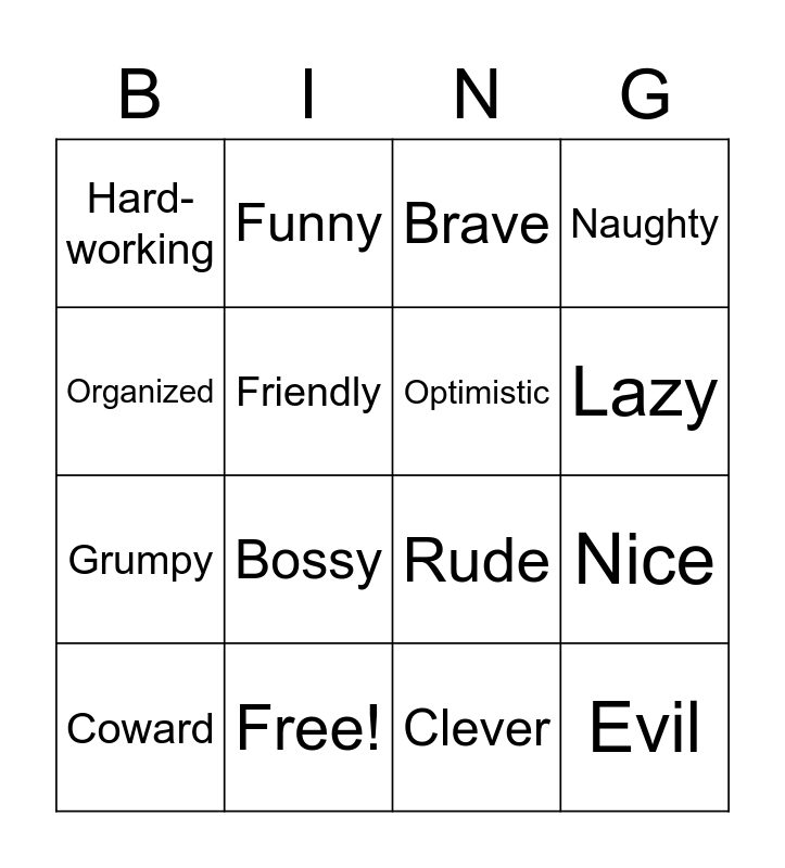Personality Bingo Card
