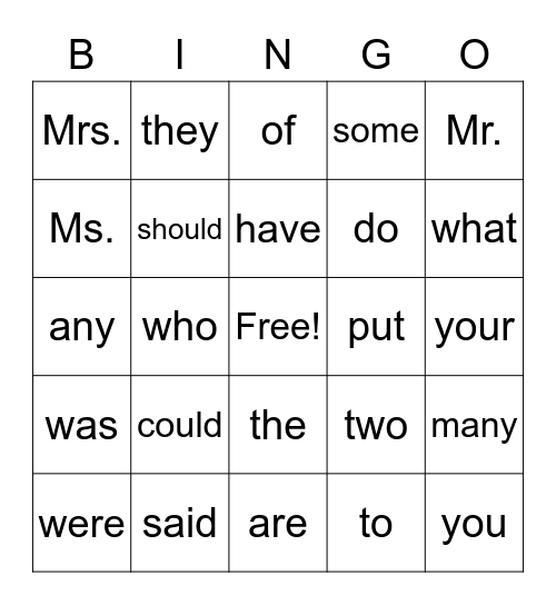 Heart Words 1-17 Bingo Card
