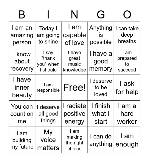 Positive Affirmation Bingo Card