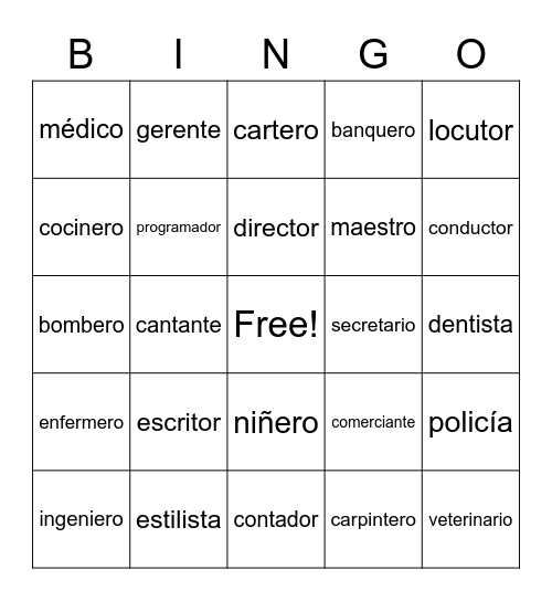 Las Profesiones Bingo Card