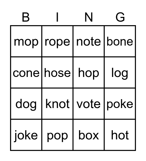 Short O and Long O Bingo Card