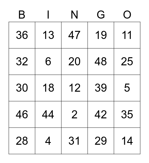 Numbers 1-50 Bingo Card