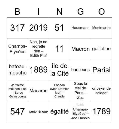 BINGO PARISIEN Bingo Card
