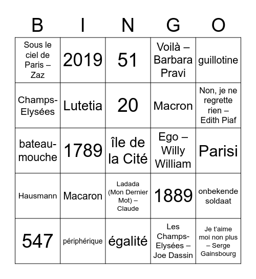 BINGO PARISIEN Bingo Card