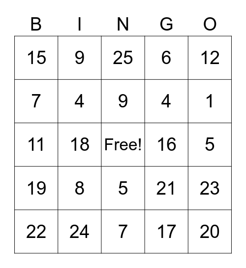 Squares Roots & Cube Roots Bingo Card