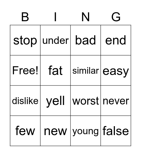 Antonyms Bingo Card
