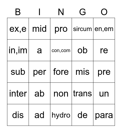Prefixes Bingo Card