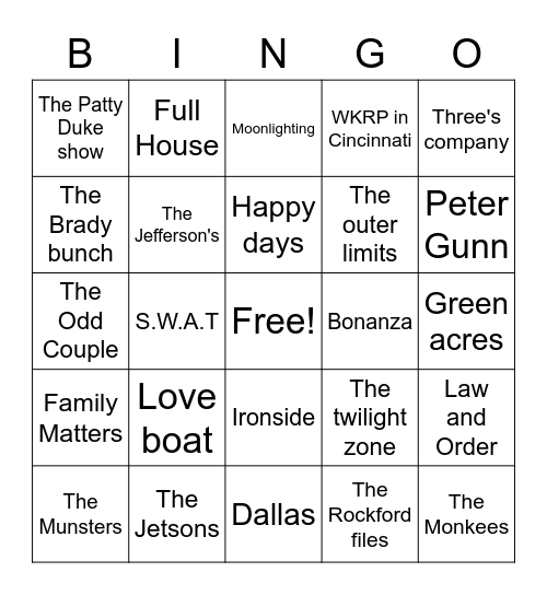 THEME SONGS FROM TV SHOWS Bingo Card THEME SONGS FROM TV SHOWS Bingo Card