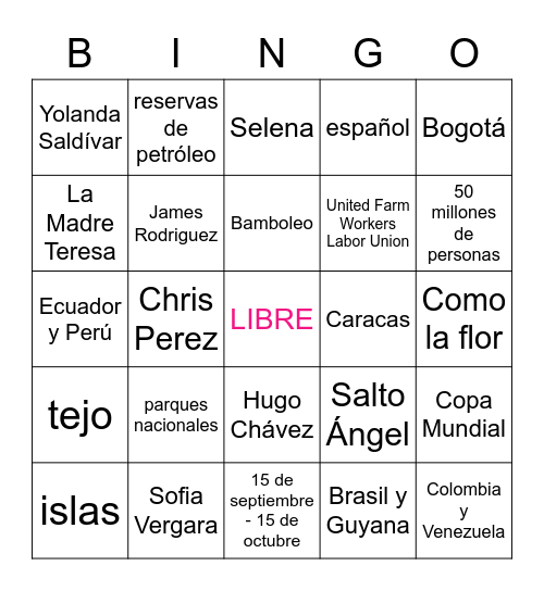 Colombia, Venezuela y más Bingo Card