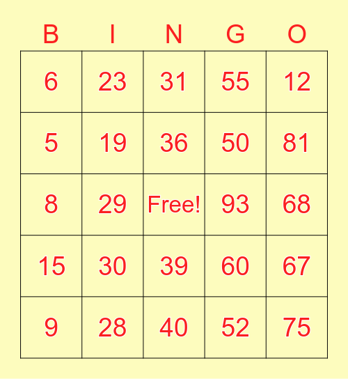 Number Bingo 1-75 Bingo Card