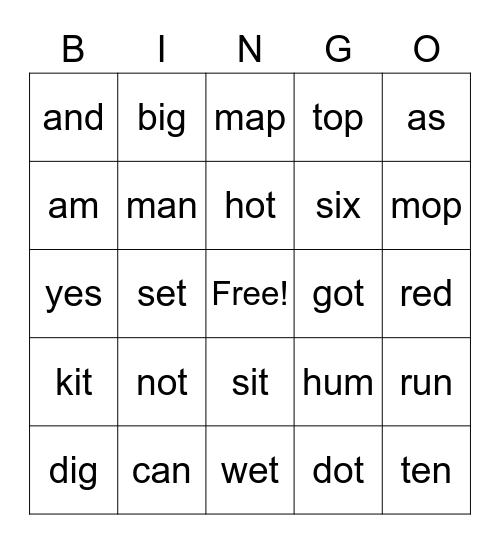 CVC Words Bingo Card