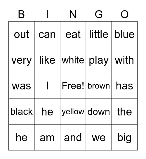 Sight word Bingo Card