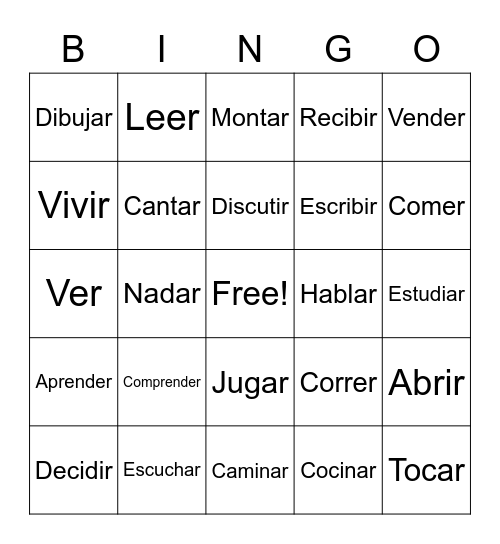 Present Tense Verbs Bingo Card