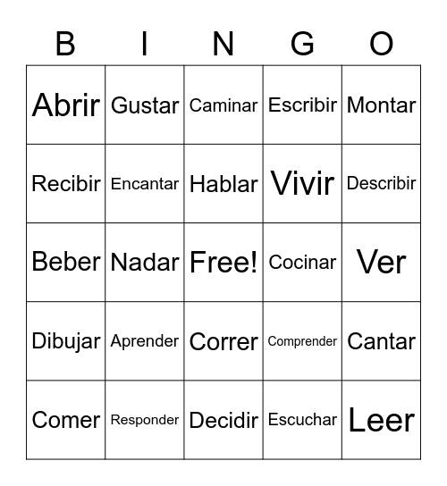Present Tense Verbs Bingo Card