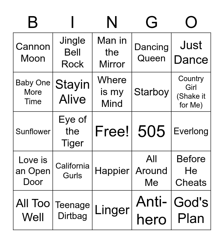 Song Bingo #7 (Block 2) Bingo Card