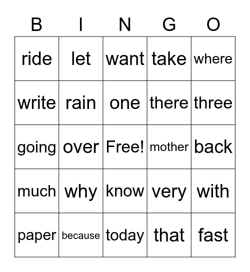100 High Frequency Words Bingo Card