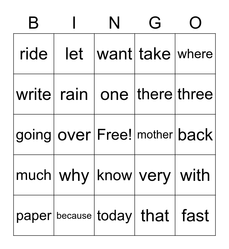 100 High Frequency Words Bingo Card