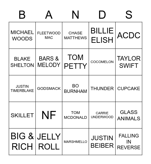 Battle of the Bands Bingo Card