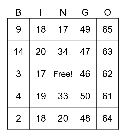 Number Bingo 1-20 Bingo Card