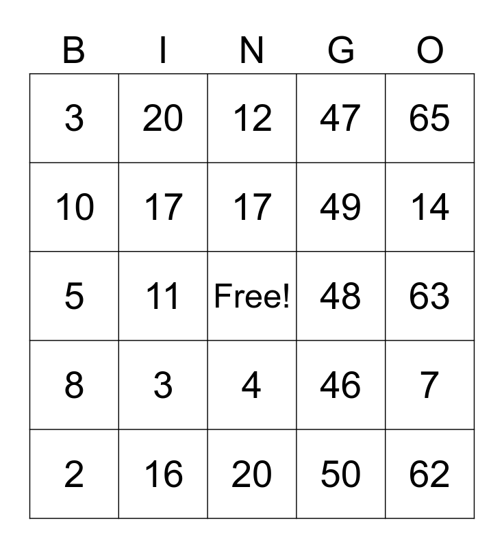 Number Bingo 1-20 Bingo Card