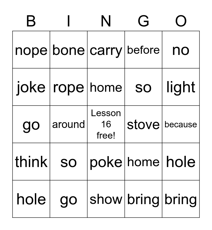 Long o (cv, cvce)) Bingo Card
