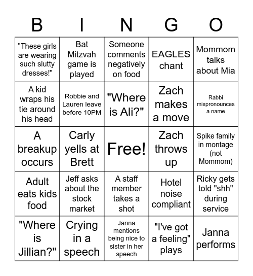Bat Mitzvah Bingo Card