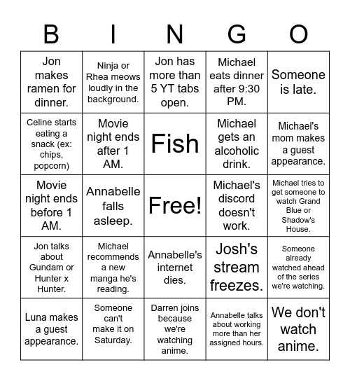 Saturday Movie Night Bingo Card