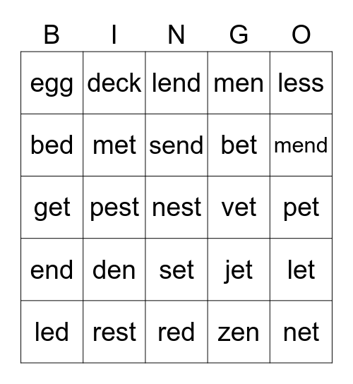 SHORT E Bingo Card