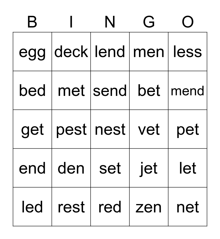 SHORT E Bingo Card