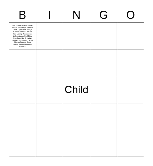 CHILD Bingo Card