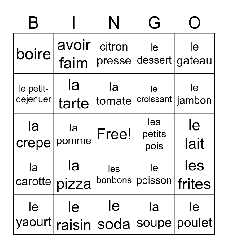 La nourriture et les boissons Bingo Card