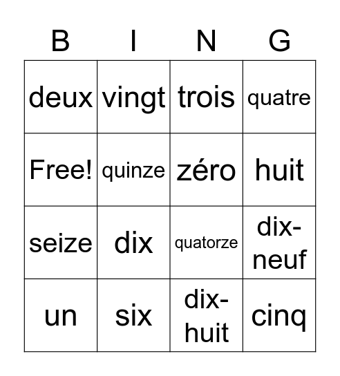 Les numéros de 0 à 20 Bingo Card