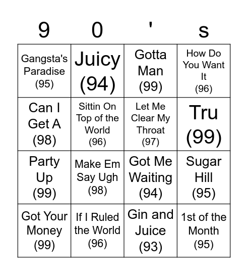 90's Hip Hop Bingo Card