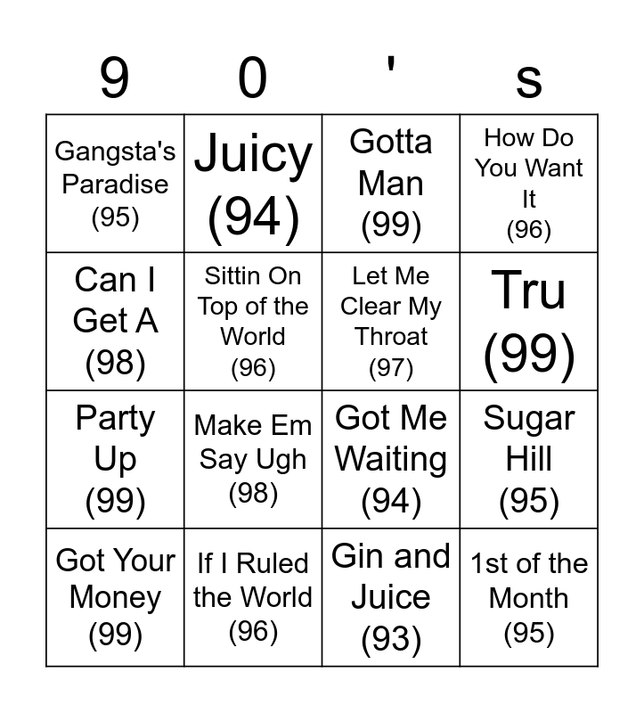 90's Hip Hop Bingo Card