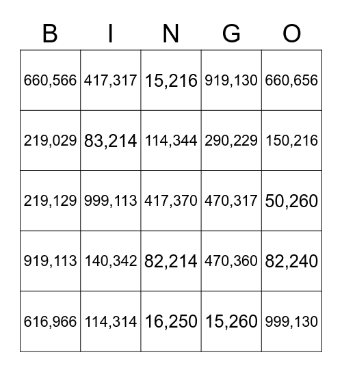 Big Numbers Bingo Card