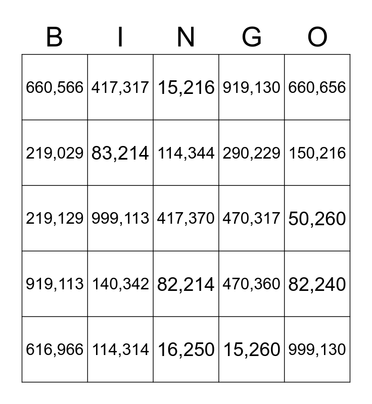 Big Numbers Bingo Card