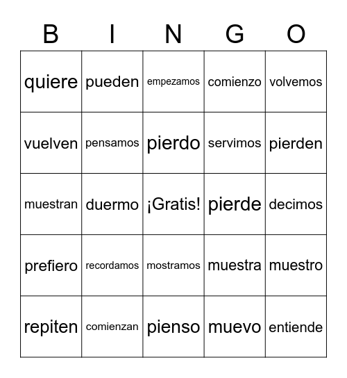 Verbos con cambio de raíz Bingo Card